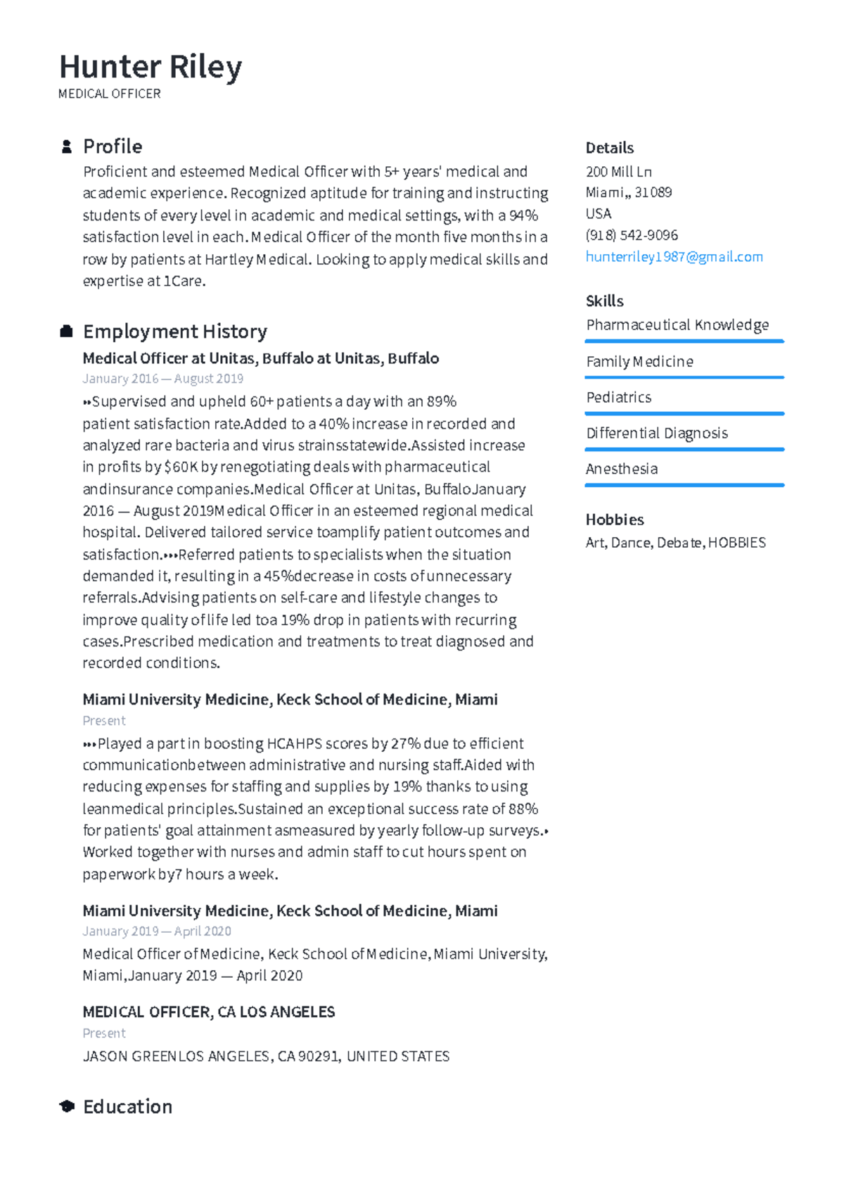 Hunter Riley - Medical Officer Profile & Employment History - Studocu
