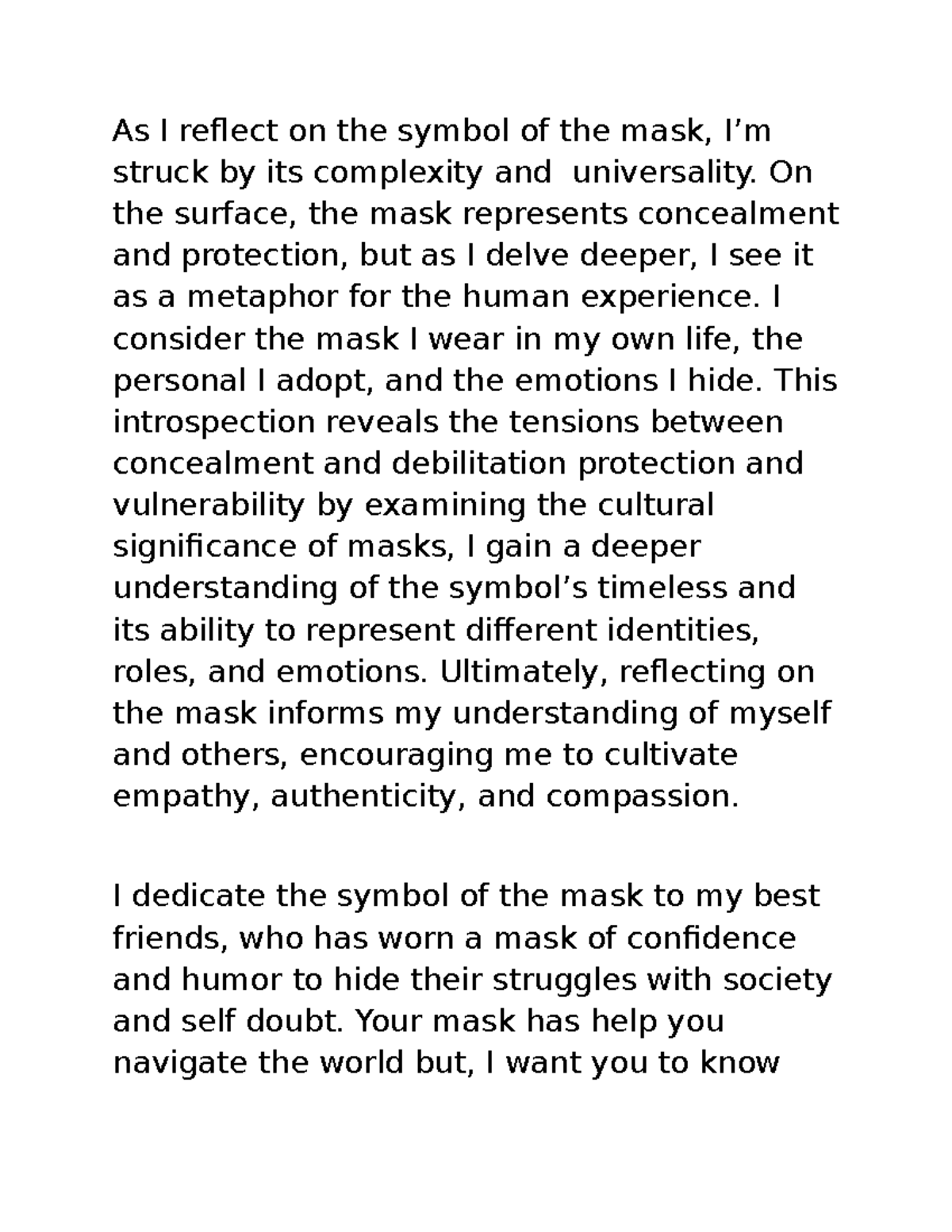 Diss - MANUSCRIPT - As I reflect on the symbol of the mask, I’m struck ...