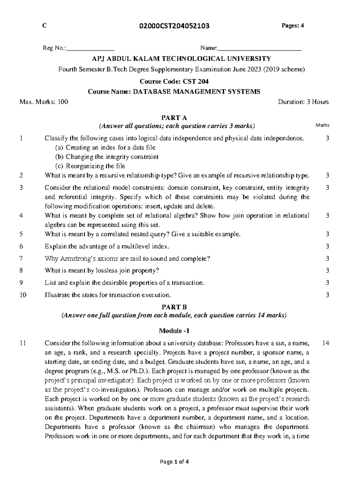 CST204-QP - Previous Year DBMS Question Paper with Solutions - Studocu