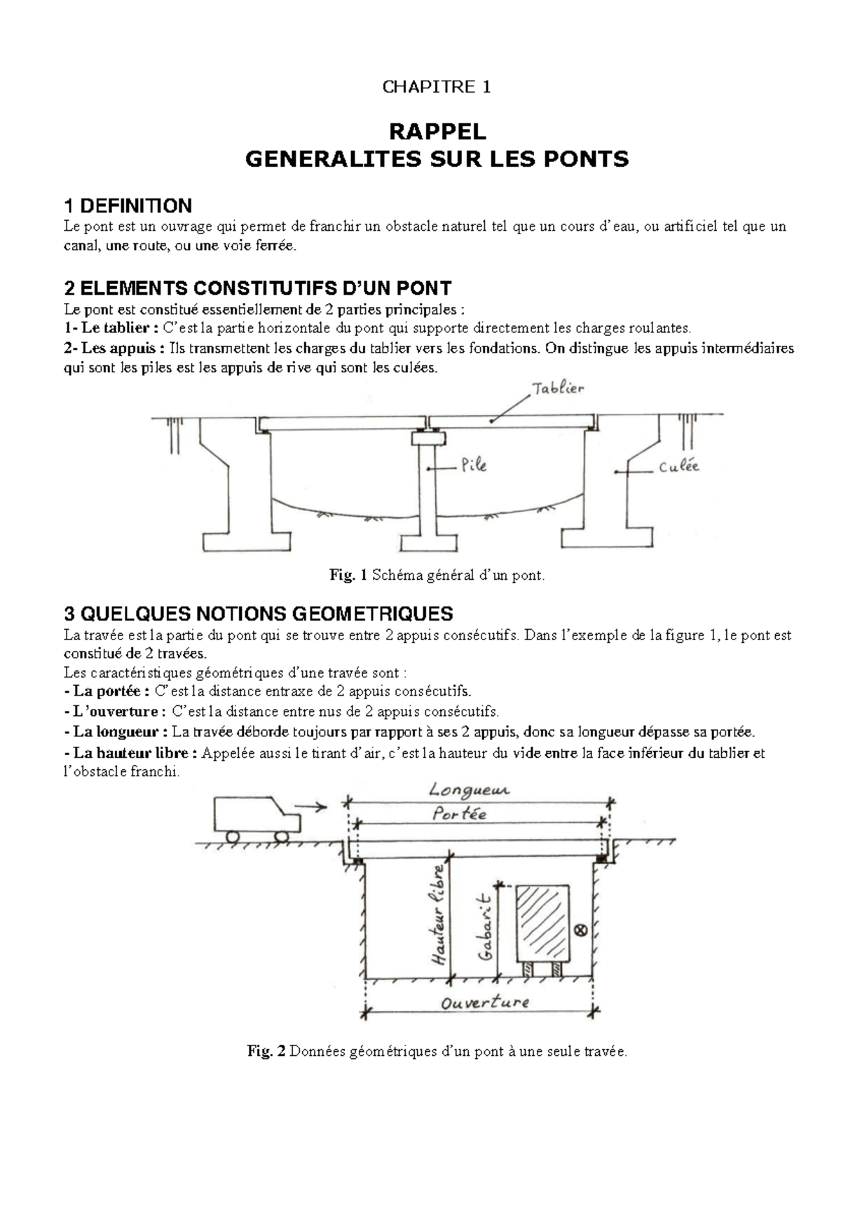 CHAPITRE 1 : GENERALITES SUR LES PONTS ET LEURS ELEMENTS - Studocu