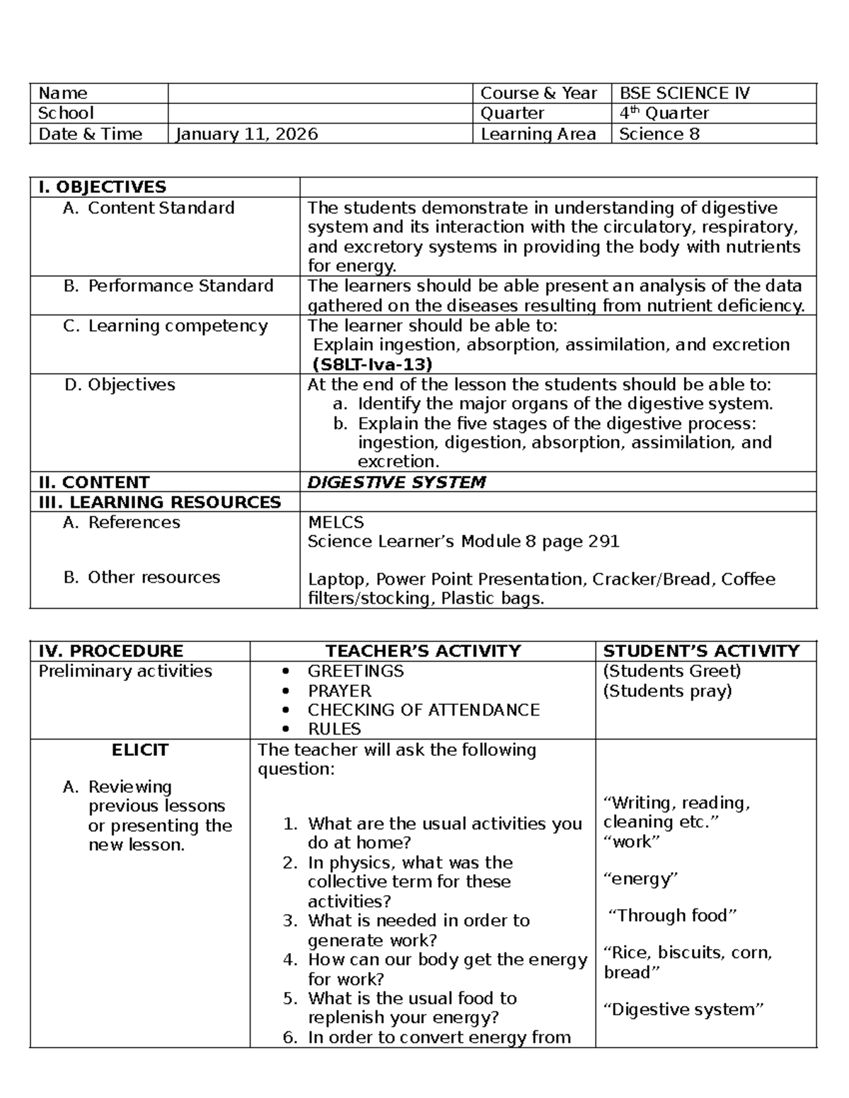 Final Demo Lesson Plan: Digestive System - Science 8 - Studocu