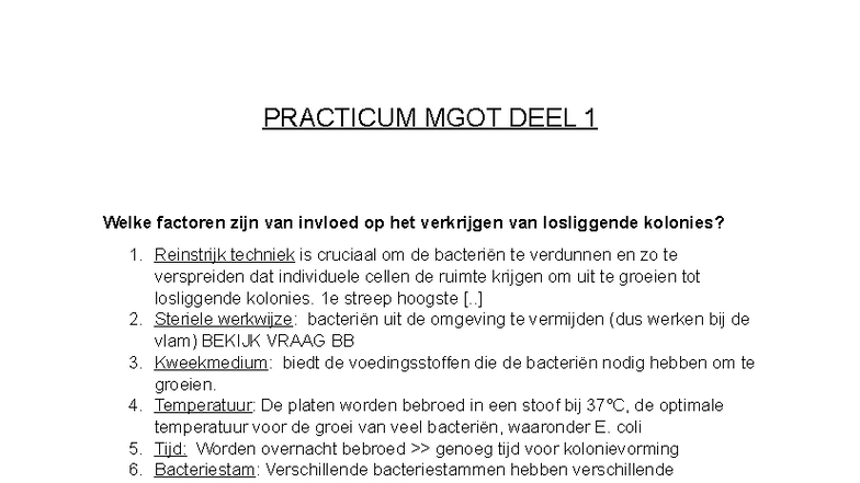 Practicum MGOT Deel 1 & 2: Factoren en Methodes voor Bacteriële Kweek ...