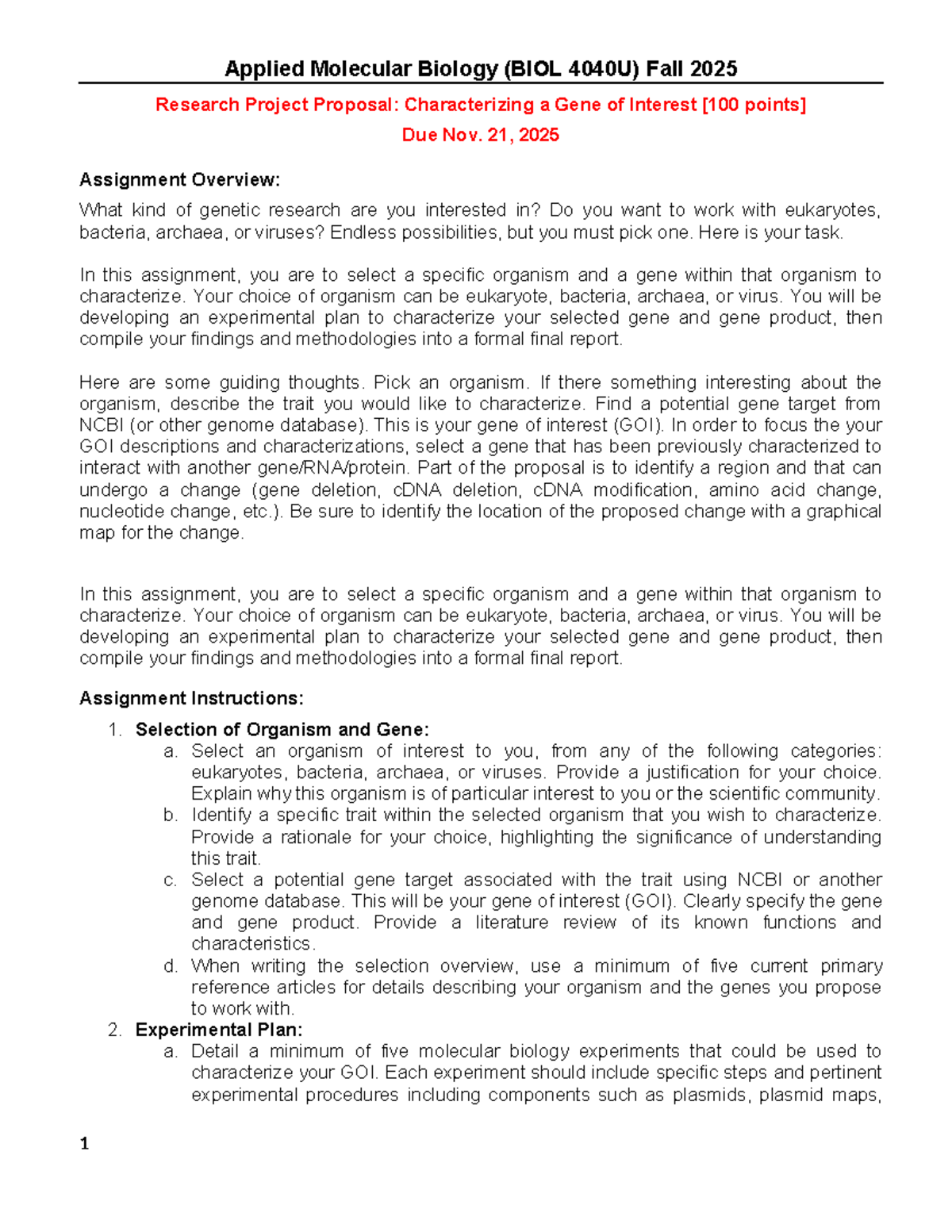 Research Project Proposal: Characterizing a Gene of Interest (BIOL ...