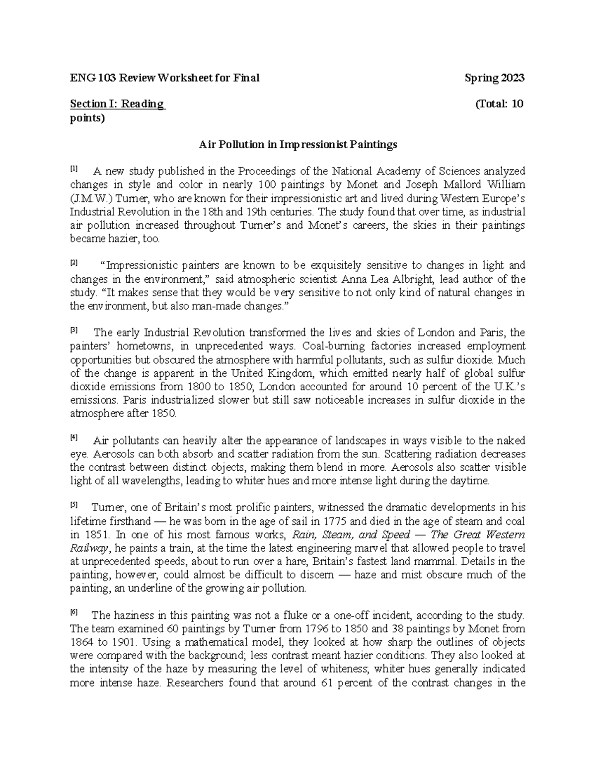 Final Exam Review Worksheet Spring 2023 - ENG 103 Review Worksheet for Final Spring 2023 Section ...