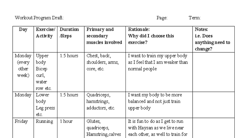 Fitness Program Draft: Weekly Workout Schedule & Rationale - Studocu