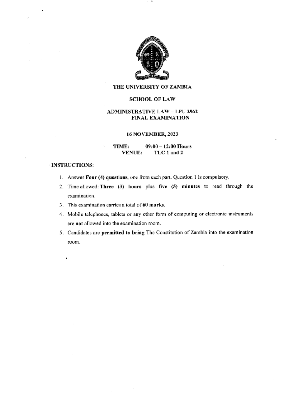 LPU 2962 Administrative Law Final Exam Past Paper - Nov 2023 - Studocu