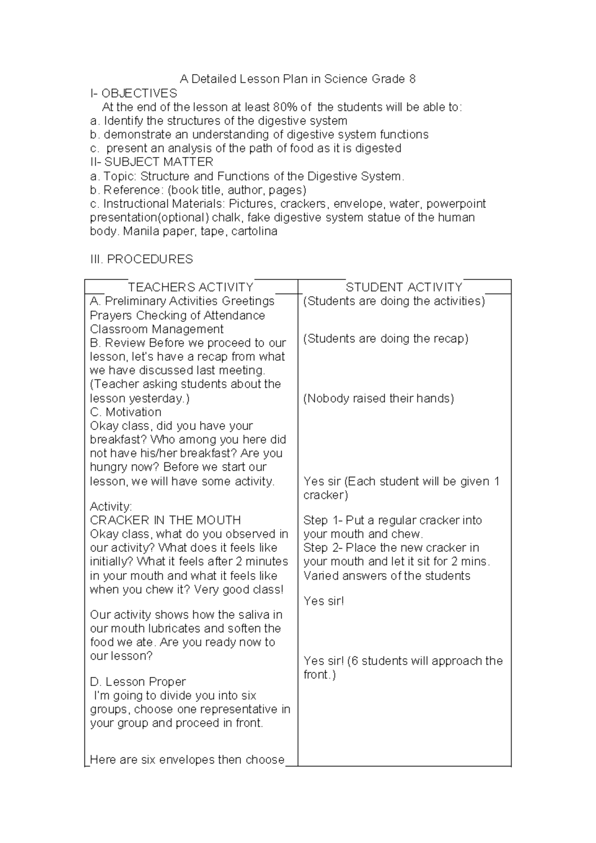DEMO Grade 8 - SCIENCE - A Detailed Lesson Plan in Science Grade 8 I ...