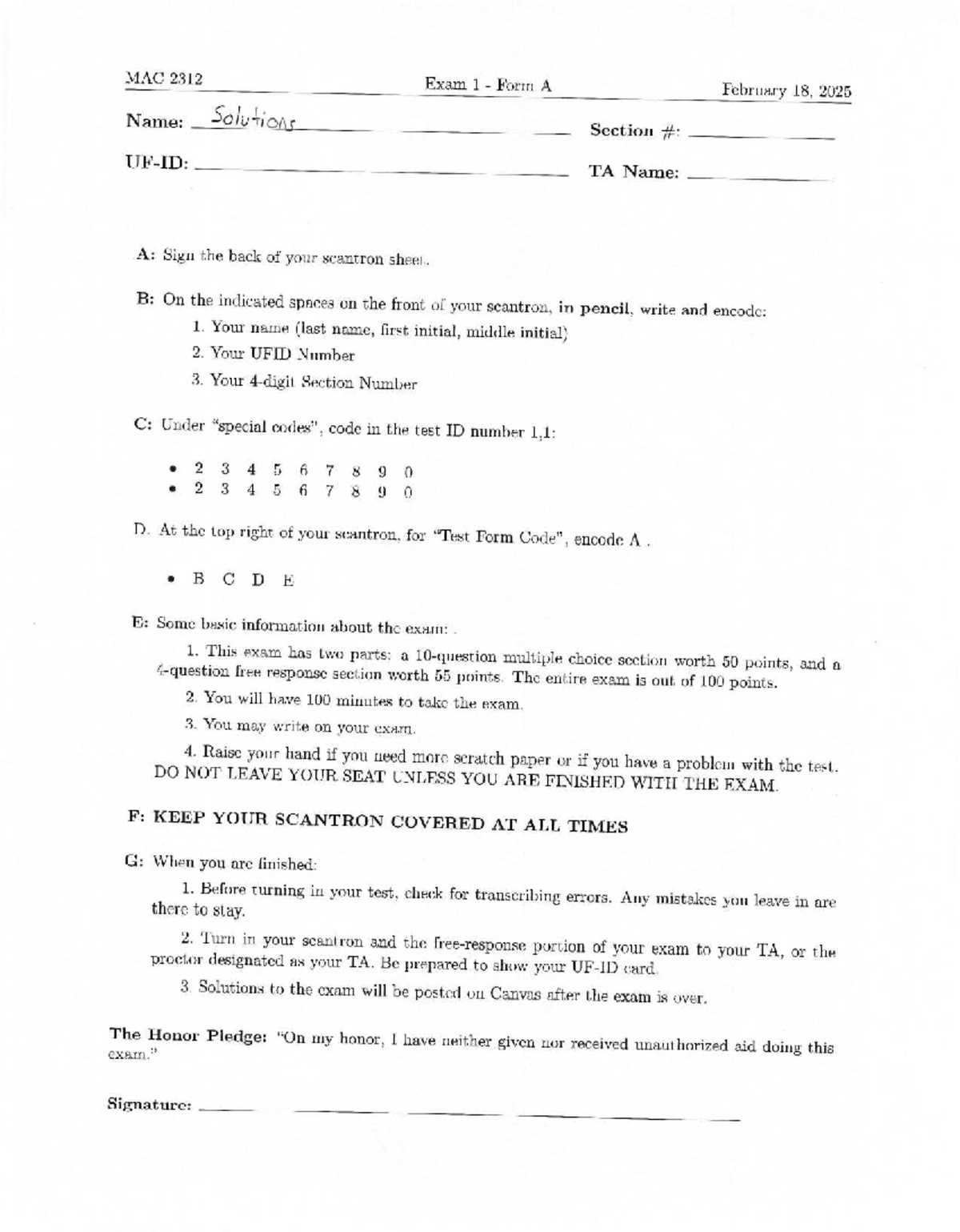 MAC 2312 Spring 2025 Exam 1A Solutions and Guidelines - Studocu