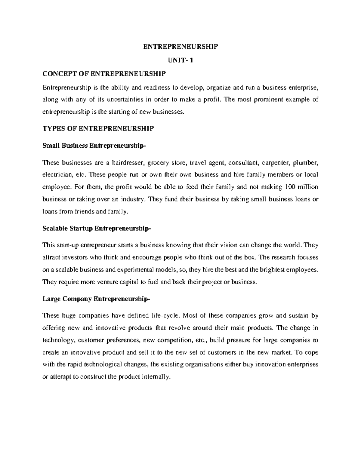 Entrepreneurship Unit 1 Notes - ENTREPRENEURSHIP UNIT- 1 CONCEPT OF ...