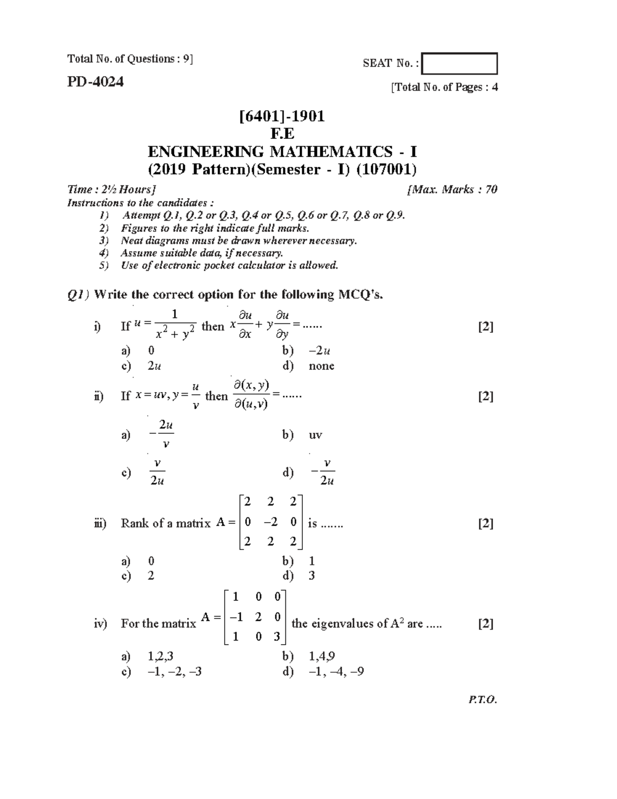 F.E. ENGINEERING MATHEMATICS I (107001) - Exam Paper (2019 Pattern) - Studocu