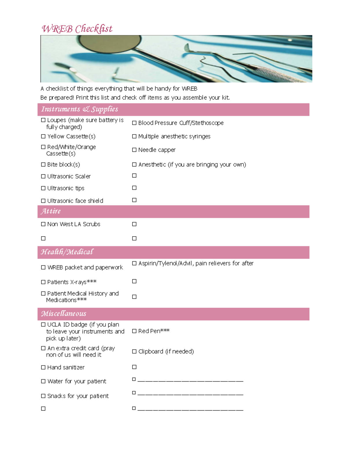 WREB Checklist: Essential Items for Exam Preparation - Studocu