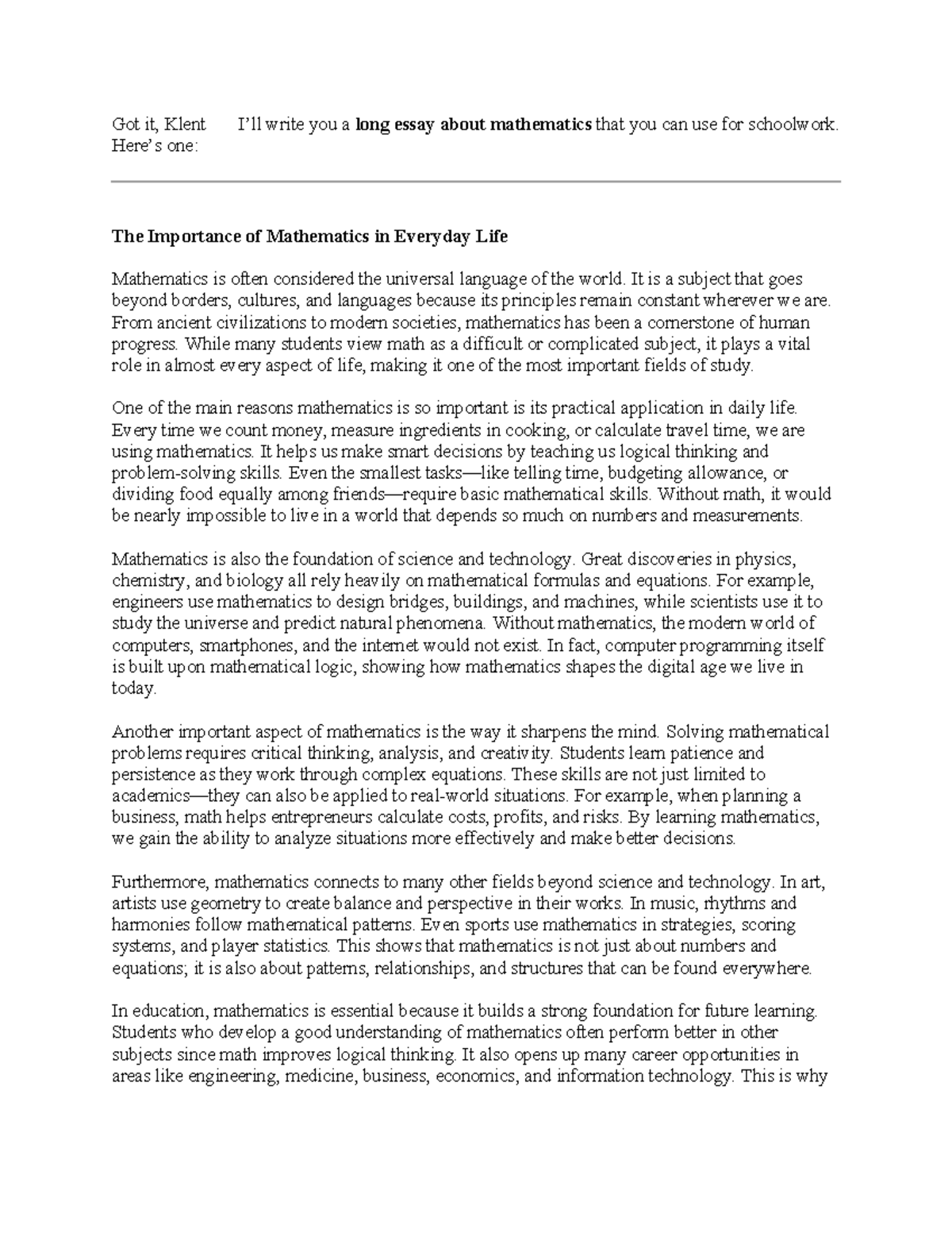 Mathematics Essay: The Importance of Math in Everyday Life - Studocu