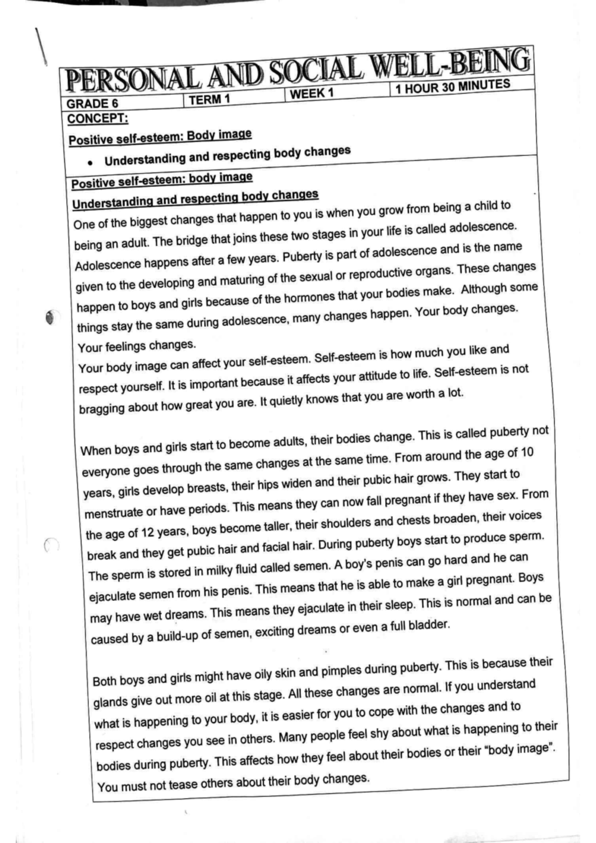 GRADE 6 TERM 1 WEEK 1-9: Personal & Social Development Concepts - Studocu