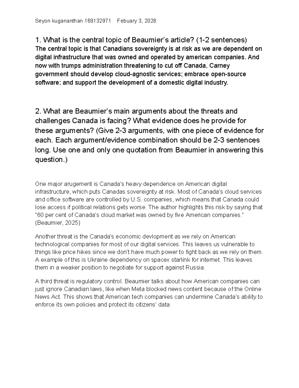 PO102 A T2 Assignment: Analyzing Canada's Digital Sovereignty Risks ...