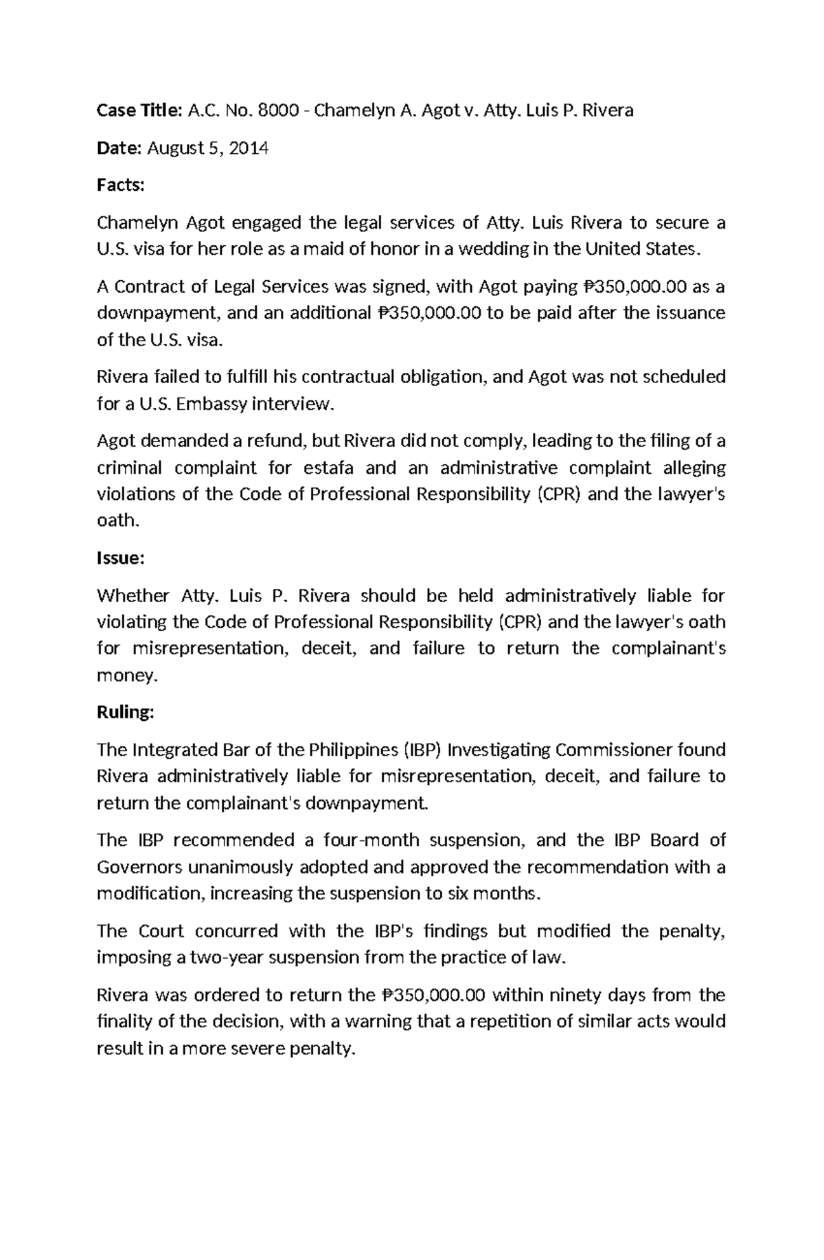 Immigration CASE - Case Title: A. No. 8000 - Chamelyn A. Agot v. Atty ...