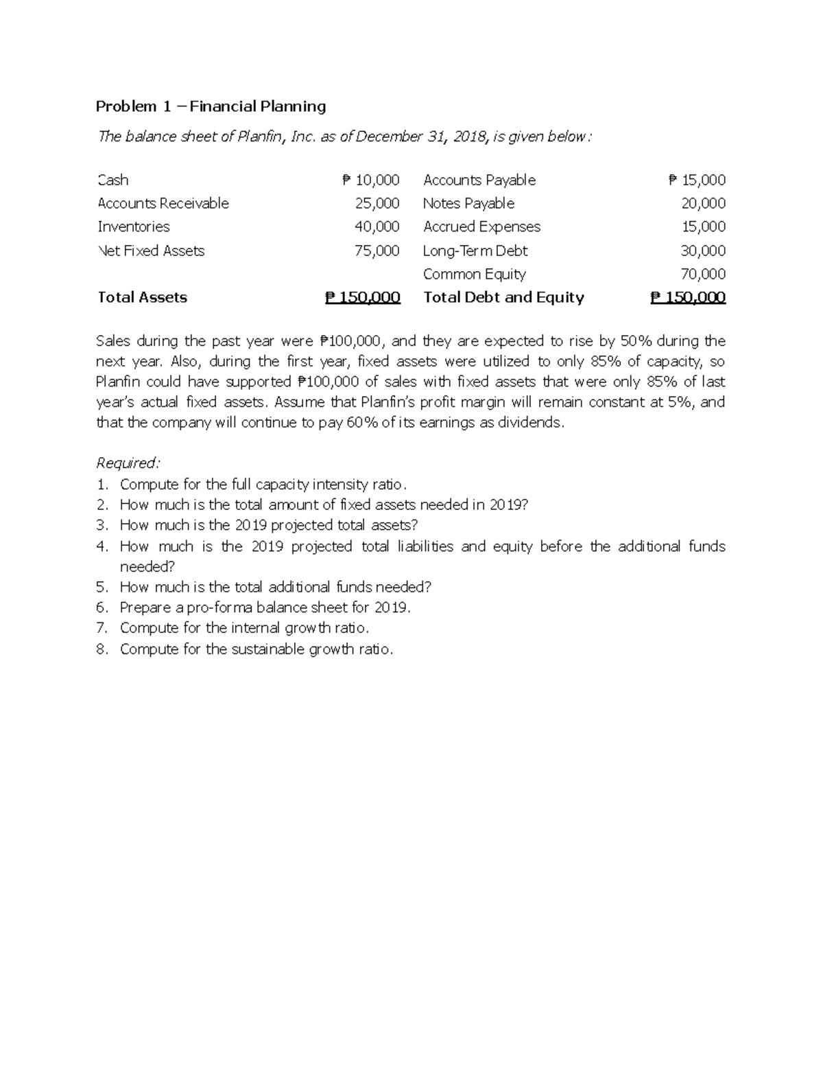 Financial Planning Exercise: Problem 1 Analysis (FIN 101) - Studocu