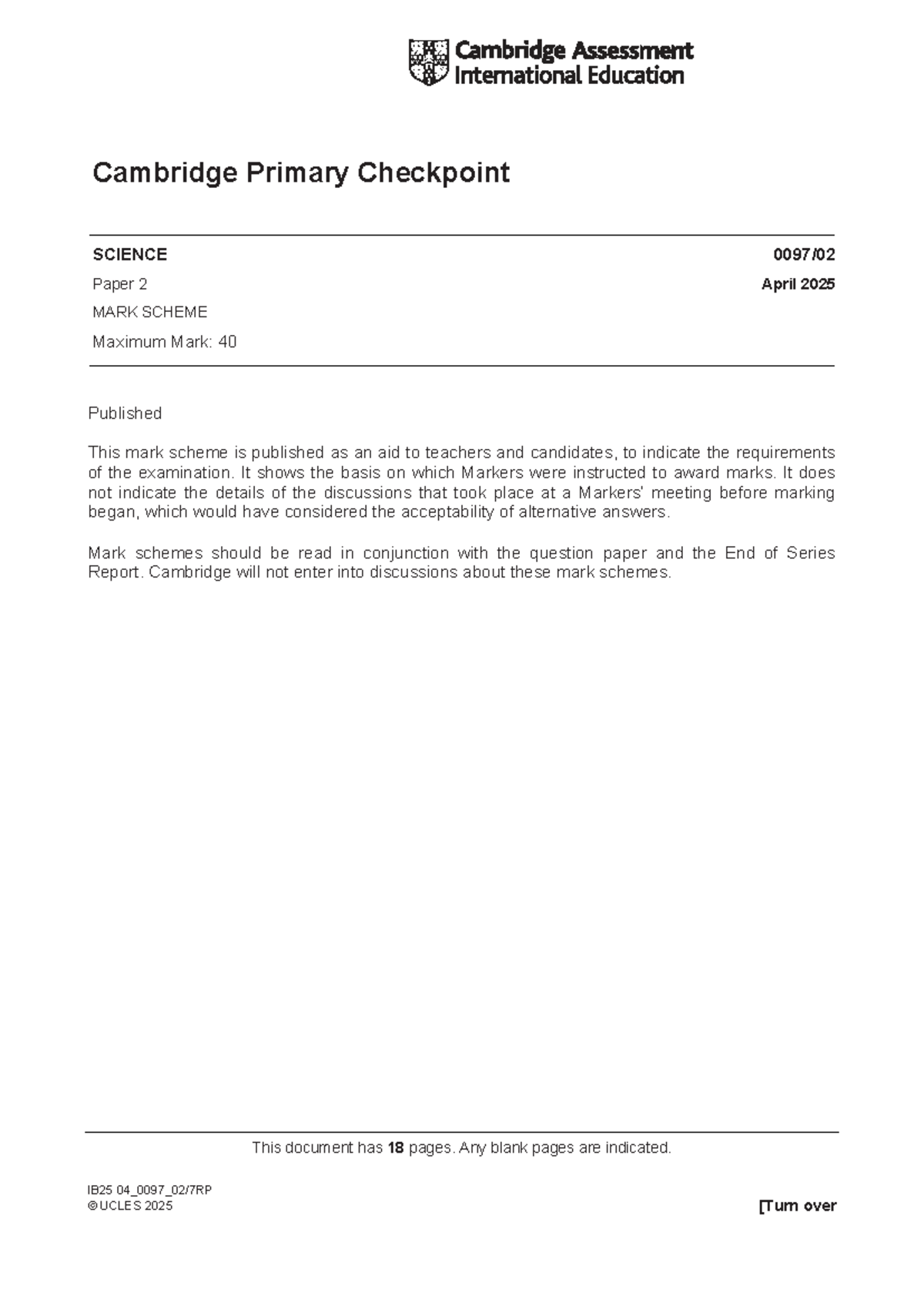 Cambridge Primary Checkpoint SCIENCE Paper 2 Mark Scheme April 2025 ...