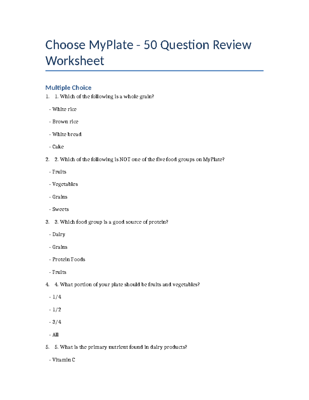 MyPlate 50-Question Review Worksheet: Multiple Choice & Fill-in-the ...