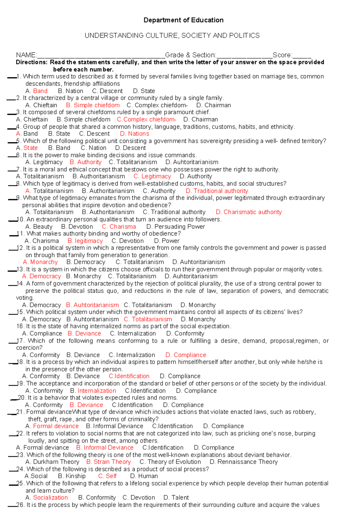 UCSP 2nd Exam Sample: Understanding Culture, Society & Politics - Studocu