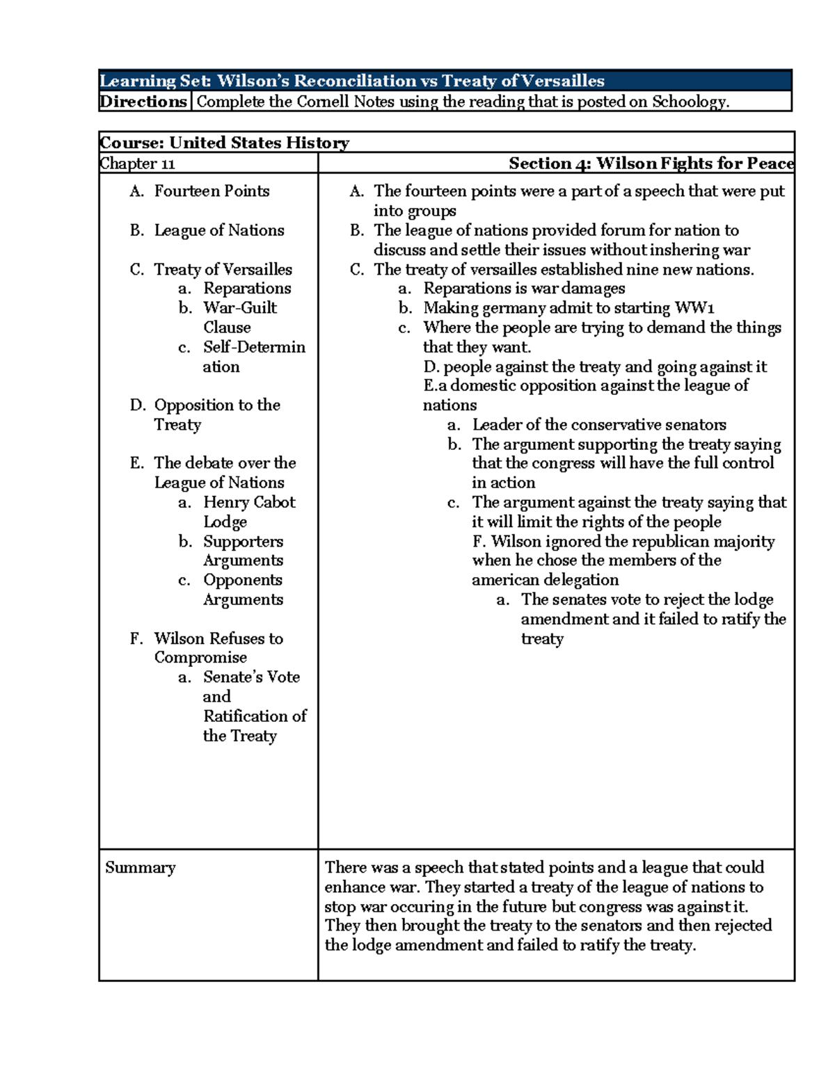 US History - Chapter 11 Section 4: Wilson's Peace Efforts Notes ...