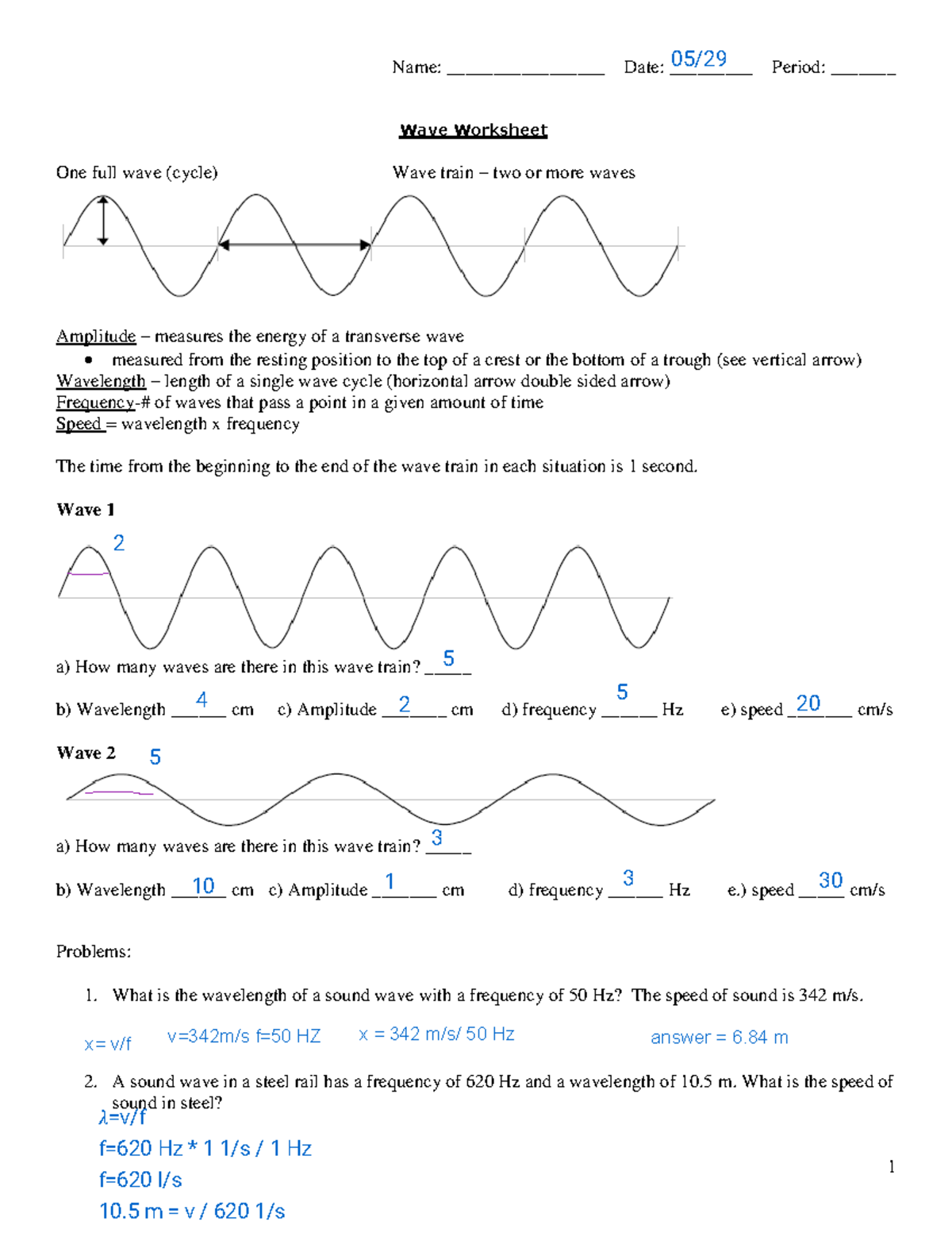 Waves Worksheet (Period 6) - Understanding Wave Properties and Speed ...