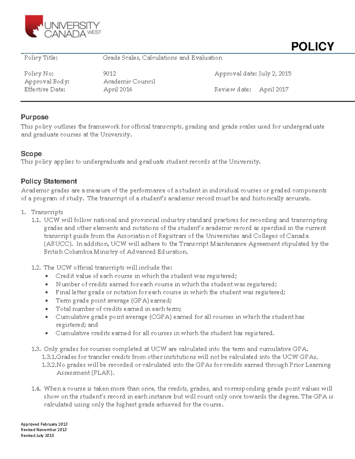 UCW-9012-Grade-Scales-Calculations-and-Evaluation-Policy-Overview - Studocu
