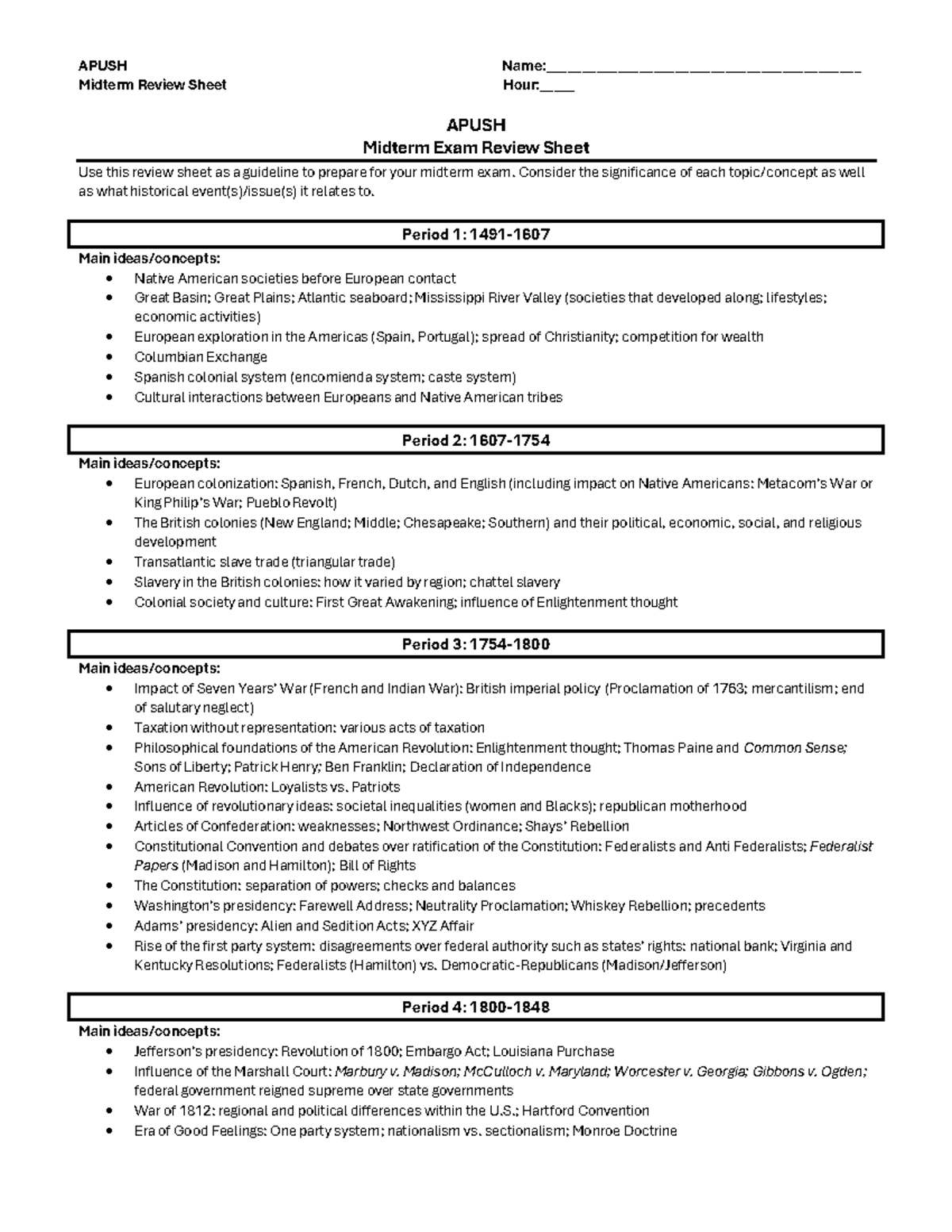 APUSH Midterm Exam Review Sheet: Key Topics and Themes - Studocu