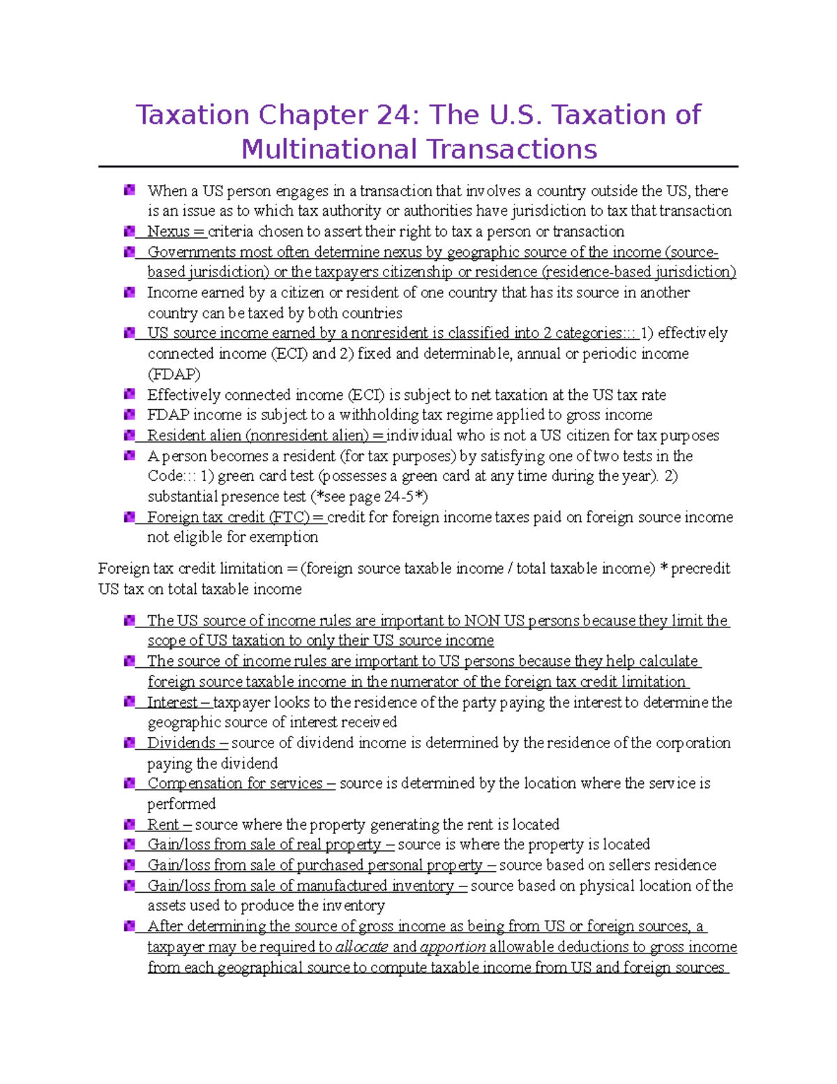 Chapter 24: U.S. Taxation on Multinational Transactions Explained - Studocu