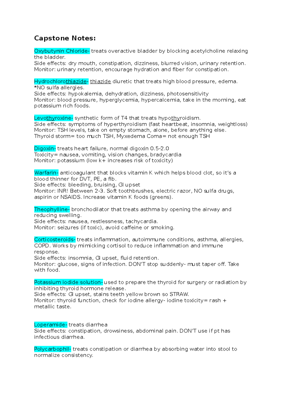 Capstone Lecture Notes: Pharmacology of Common Medications - Studocu