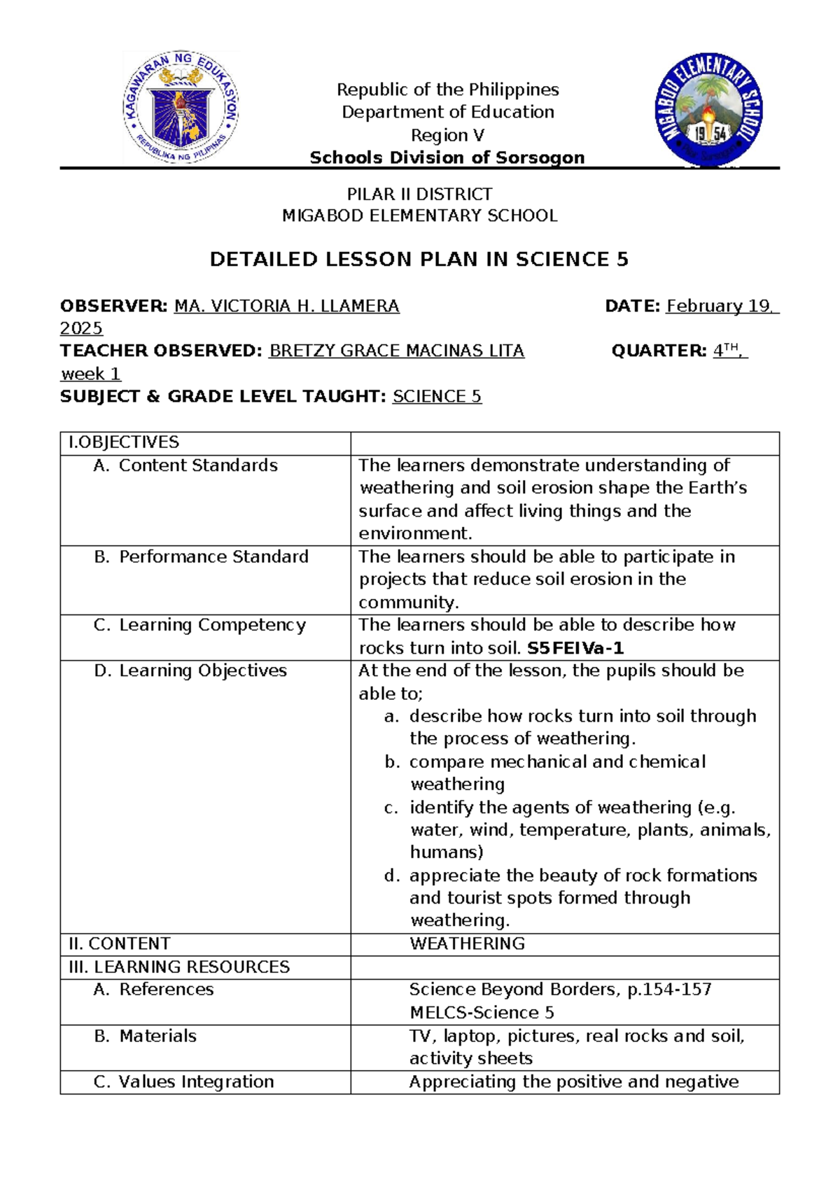 Detailed Lesson Plan in Science 5: Weathering & Soil Erosion (COT ...