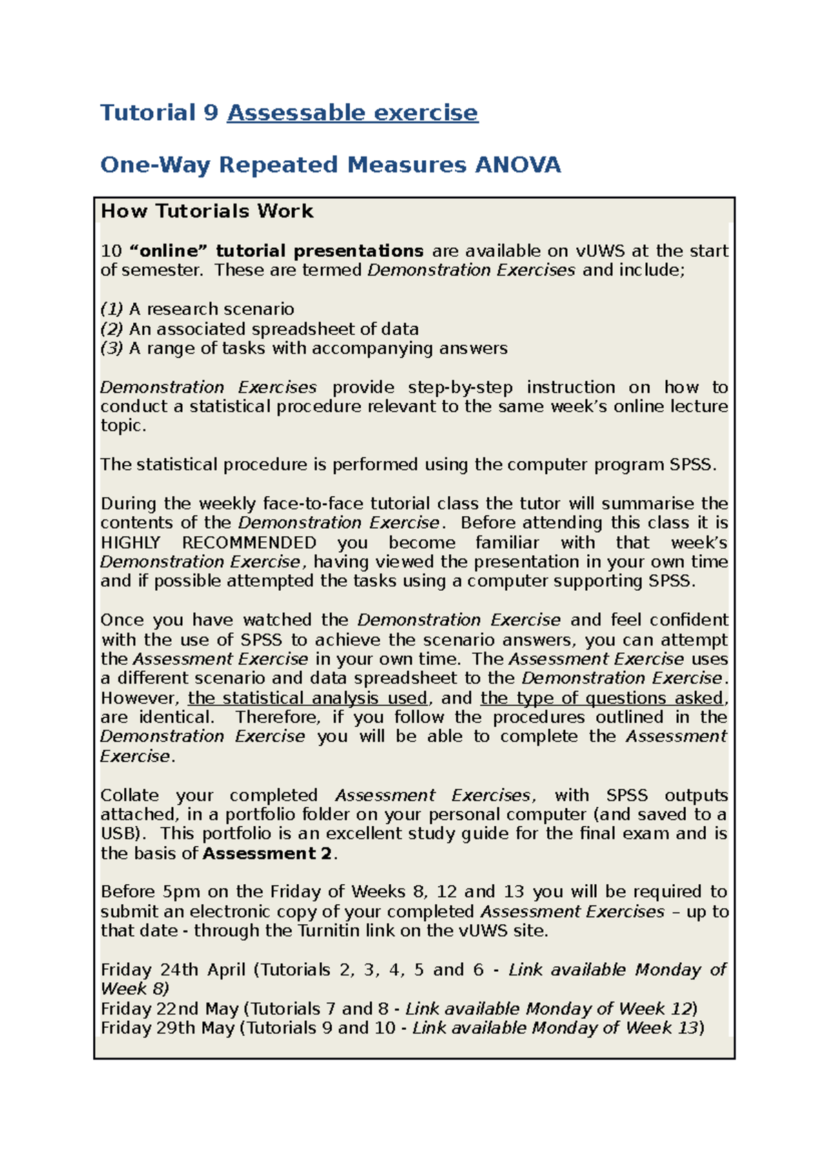 Answer sheet week 11 - Tutorial 9 Assessable exercise One-Way Repeated ...