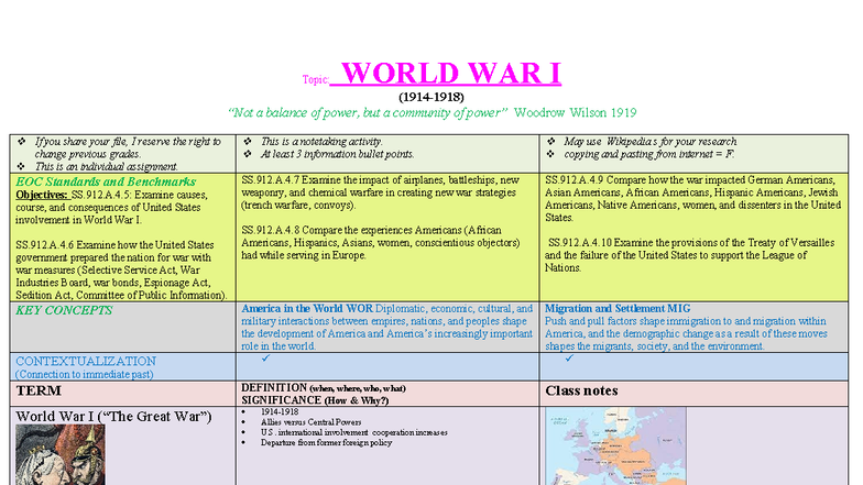 A12 World War I: Key Concepts and Vocabulary Notes - Studocu