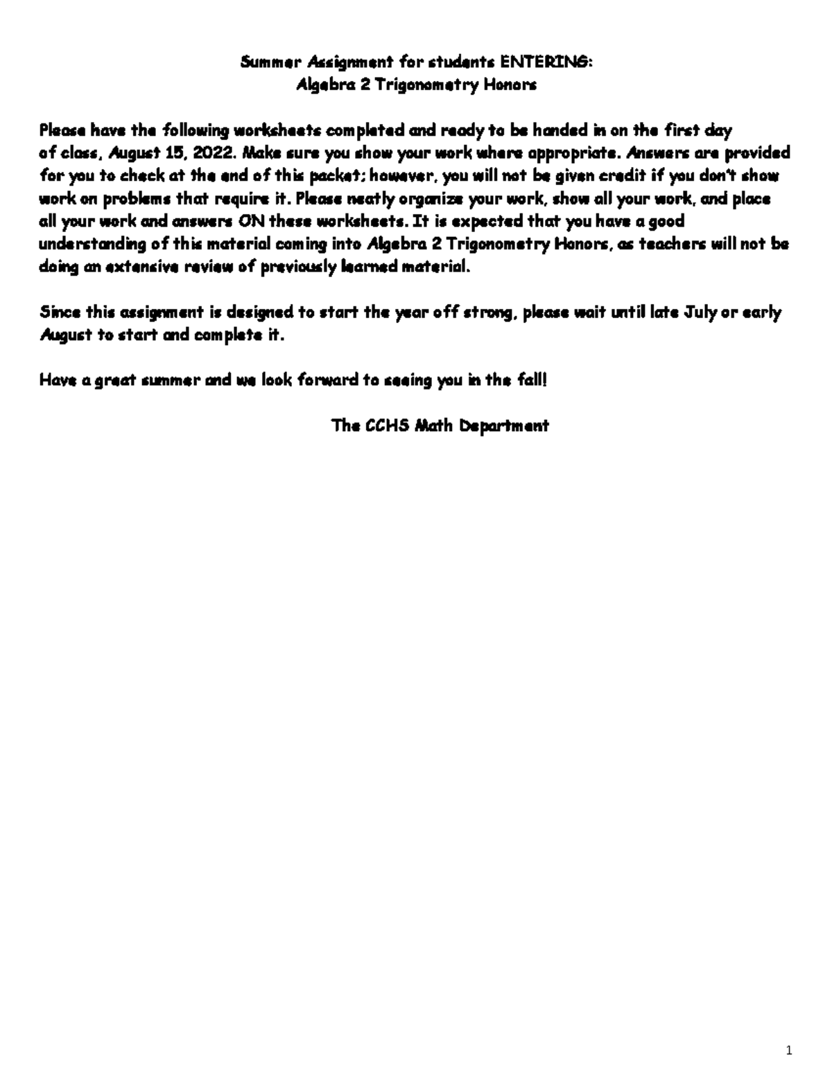 Honors Algebra 2 Trigonometry Summer Packet 2022 Worksheets - Studocu