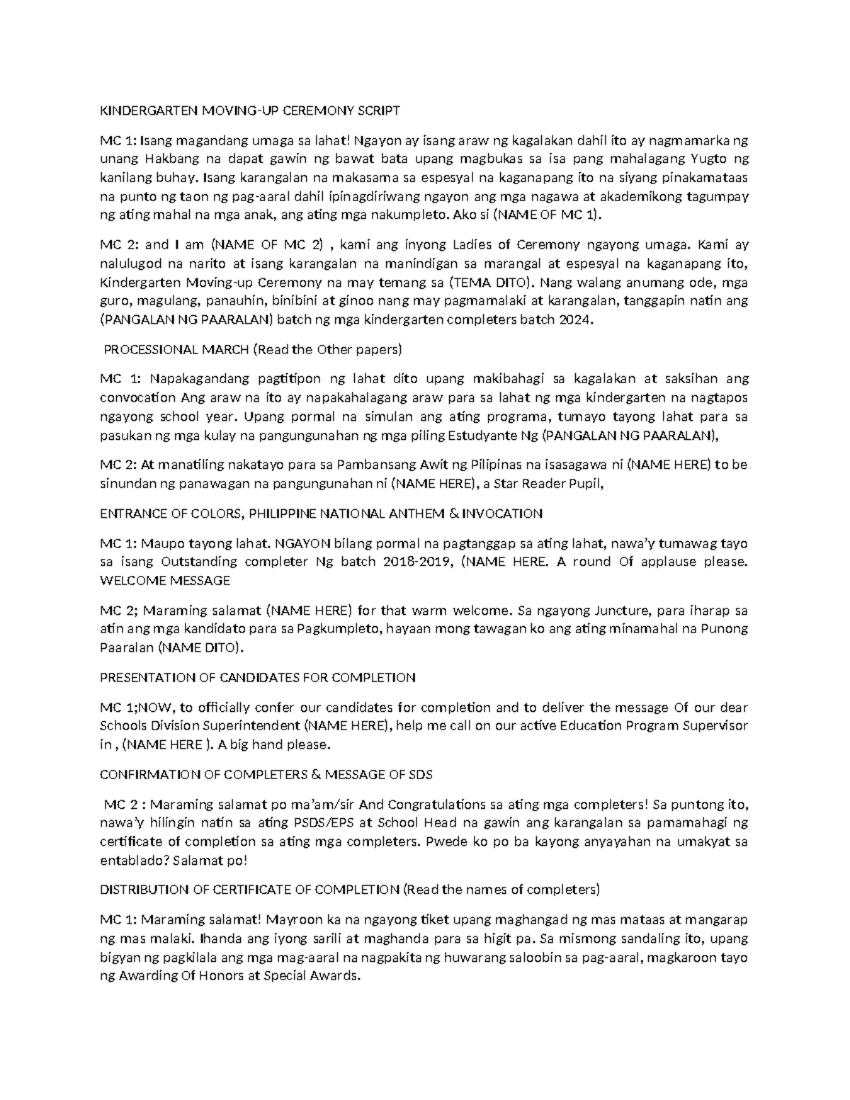 Kindergarten Moving-Up Ceremony MC Script 2024 - Studocu