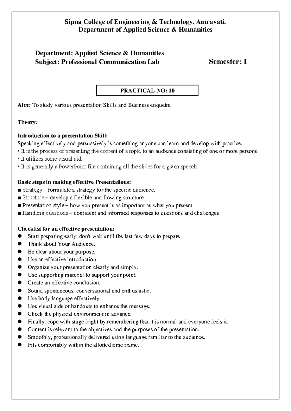 Pract 10: Presentation Skills & Business Etiquette - I Semester - Studocu