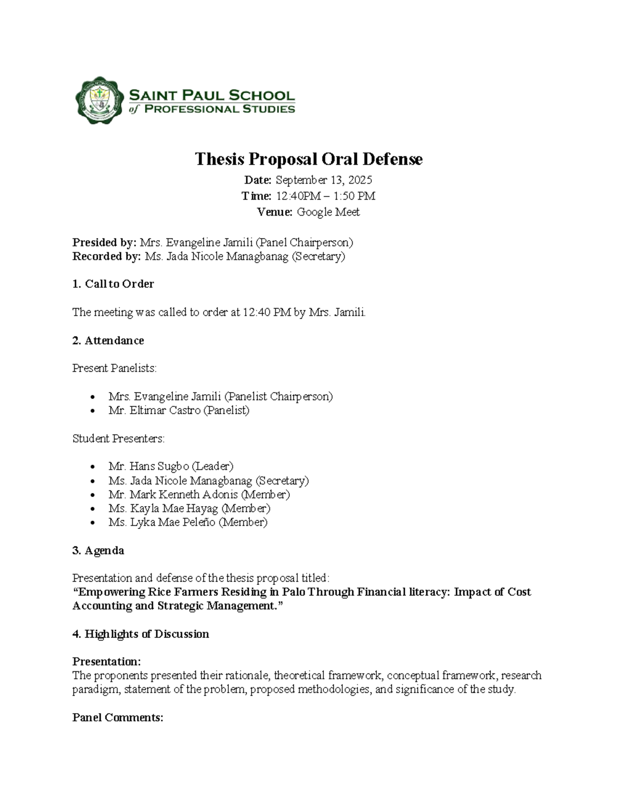 Thesis Proposal Oral Defense Minutes - Sept 13, 2025 - Studocu