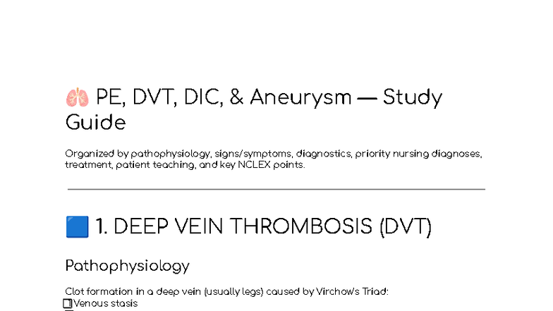 Unit 2 Topics - 🫁 PE, DVT, DIC, & Aneurysm — Study Guide Organized by ...