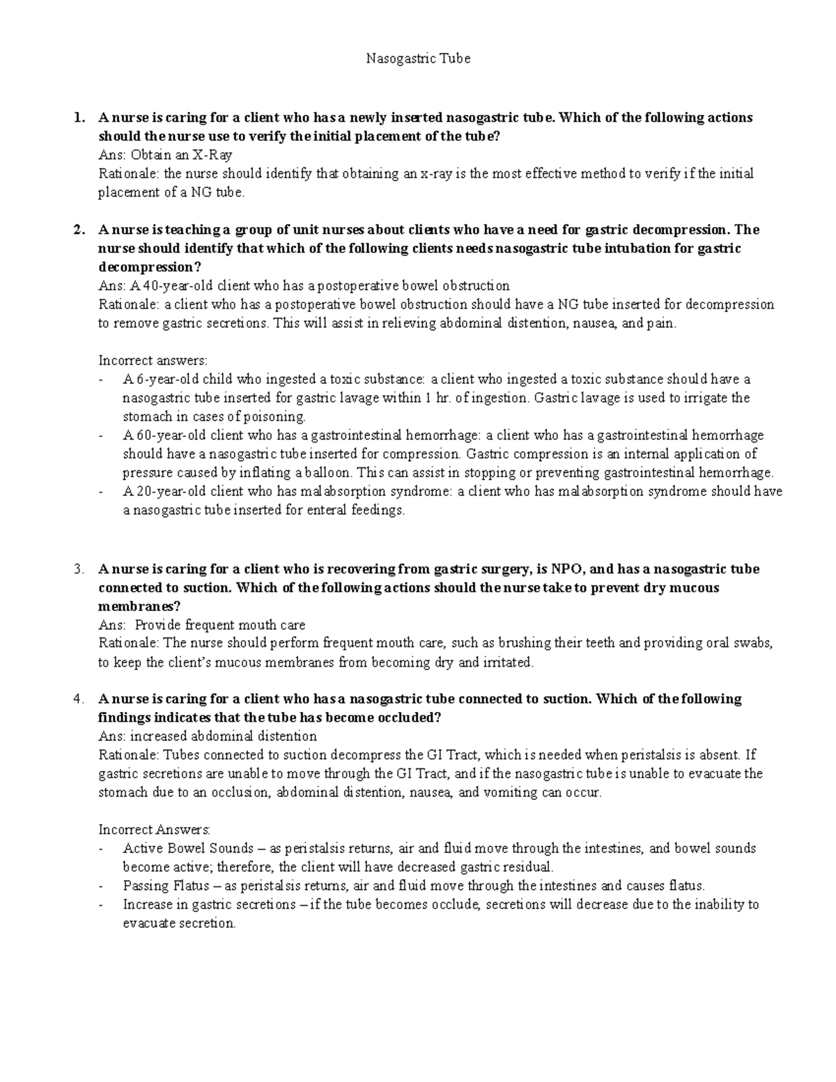 BAH Exam 3 - NG Tube & Diabetes Notes - Nasogastric Tube 1. A nurse is ...