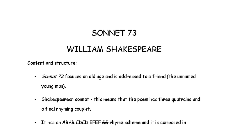 Sonnet 73 Analysis: Themes & Structure in Shakespeare's Work - Studocu