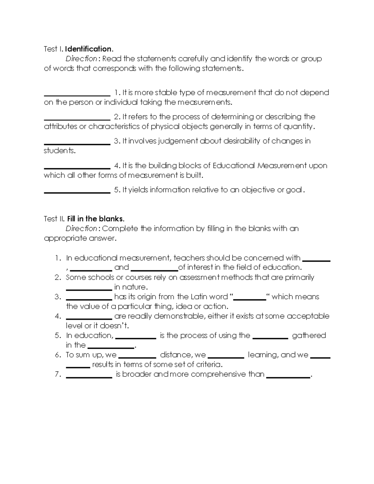 Assessment and Identification Techniques - Test I & II Guide - Studocu