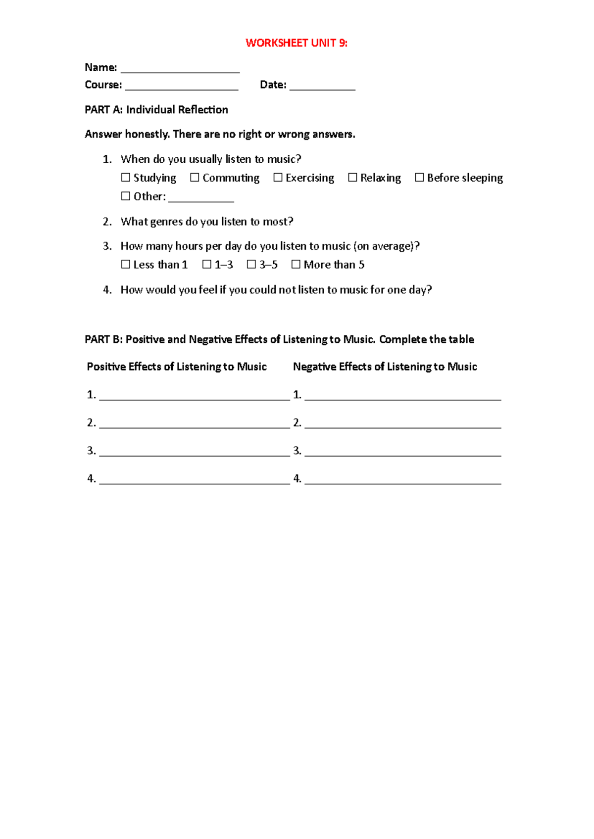Worksheet UNIT 9: Music Listening Reflection & Effects - Studocu