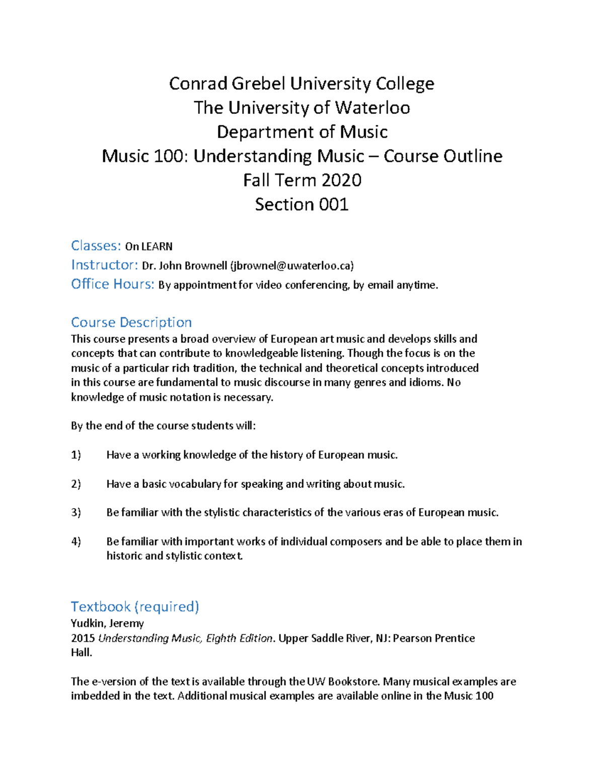Music 100 Outlline 20C - Conrad Grebel University College The ...