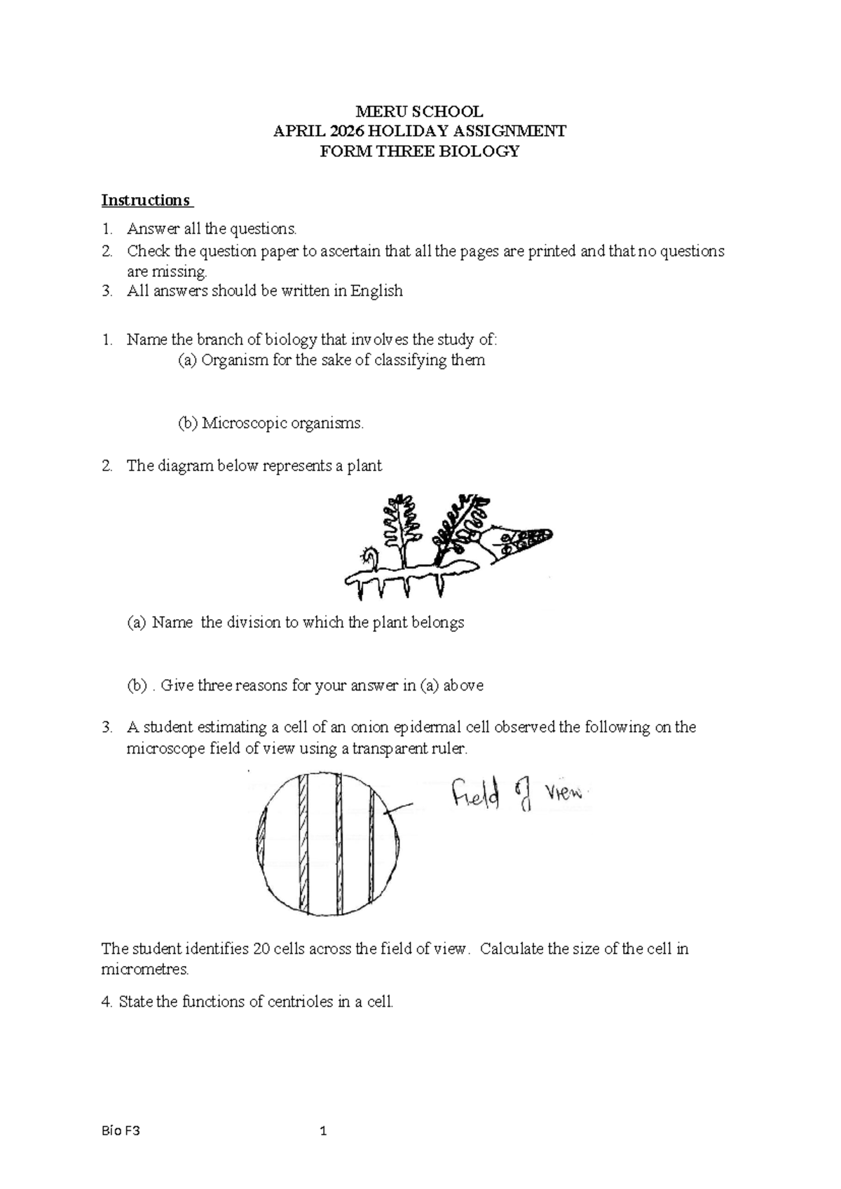 BIO F3 April 2026 Holiday Assignment - Biology Questions - Studocu
