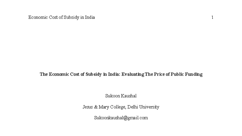 Economic Cost of Subsidy in India: A Comprehensive Analysis - Studocu