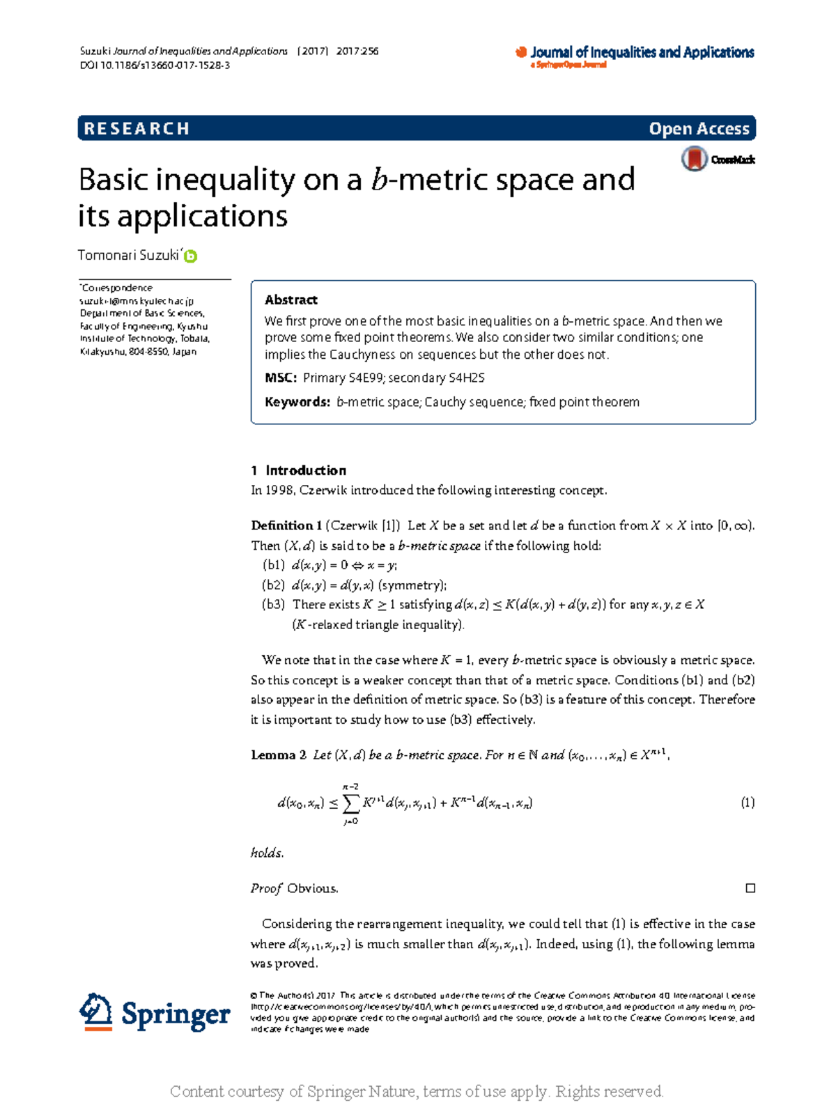 Basic Inequality on a b-Metric Space and Its Applications (2017) - Studocu