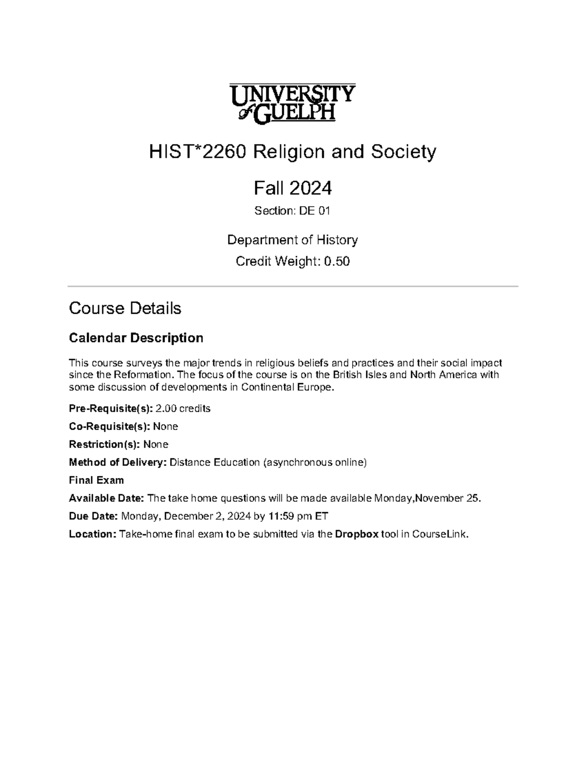 HIST2260 DE01 F24: Religion and Society Course Outline - Studocu