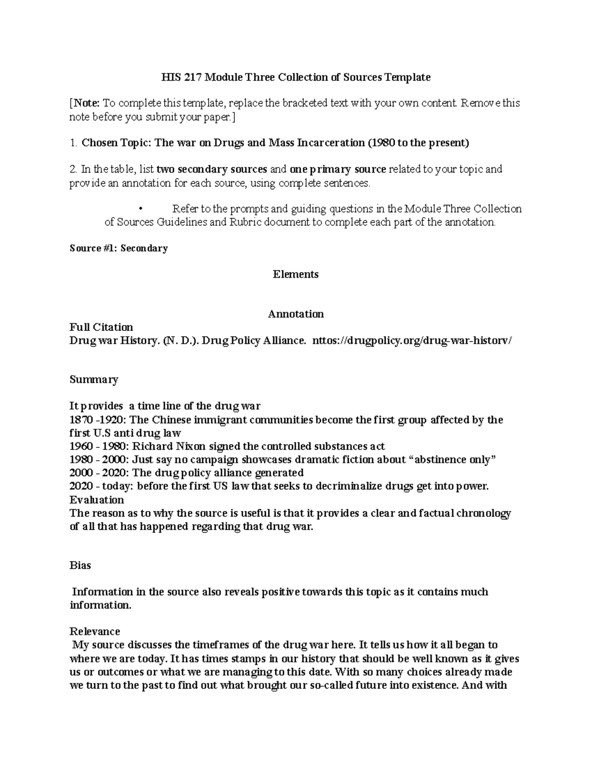 HIS 217 Module Three Collection of Sources Template 2 - HIS 217 Module ...