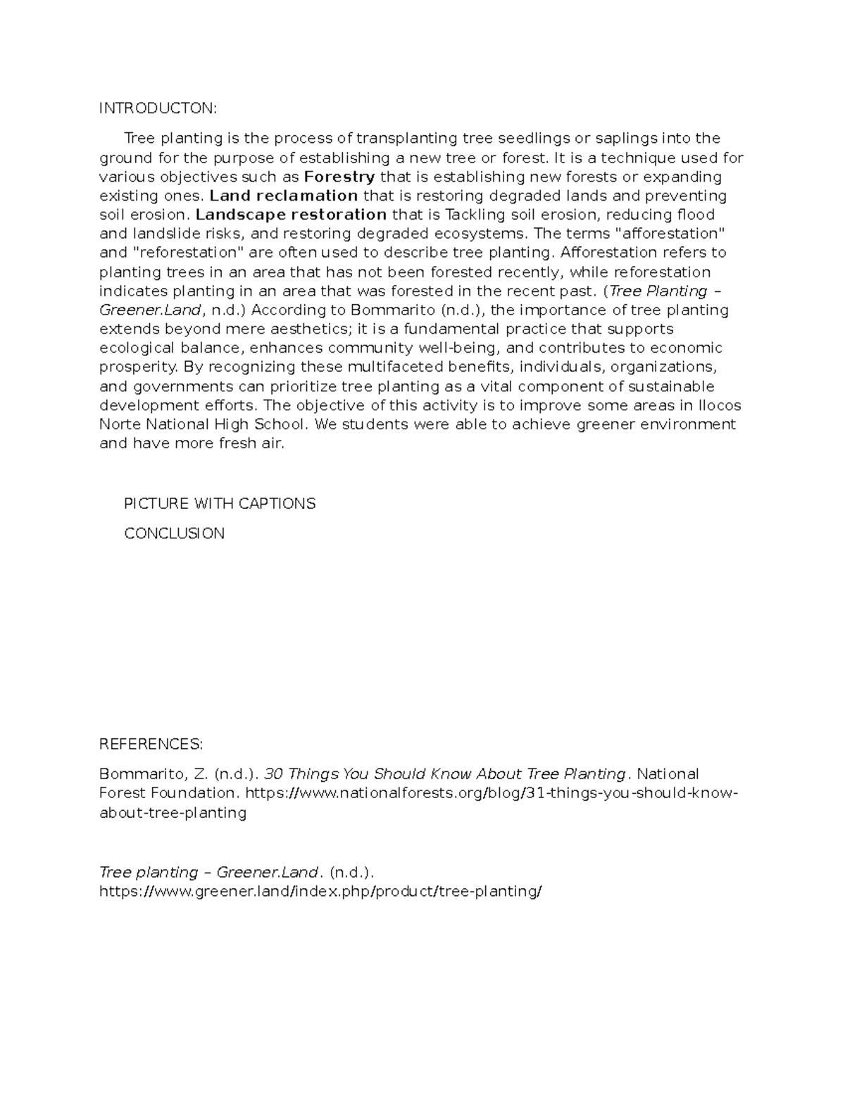 Documentation Report on TREE Planting Initiatives - Studocu