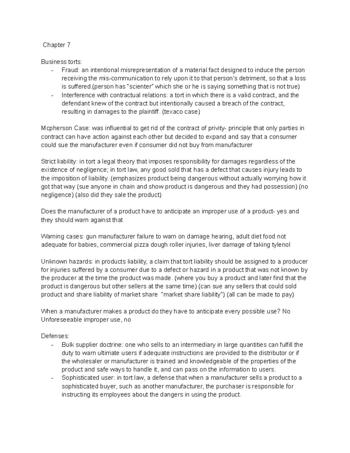 Exam 2 Review - Notes for Exam 2 - Chapter 7 Business torts: - Fraud ...