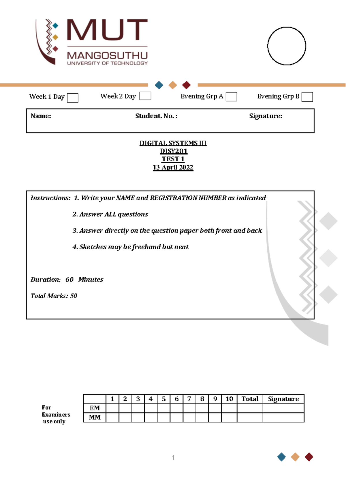 DIGS Test1-sem1-2022 - TEST 1 by W Ndlovu - DIGITAL SYSTEMS III DISY ...